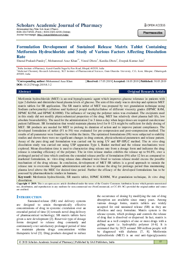 Pdf Formulation Development Of Sustained Release Matrix Tablet Containing Metformin