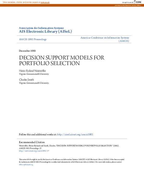 (PDF) Decision Support Models for Portfolio Selection