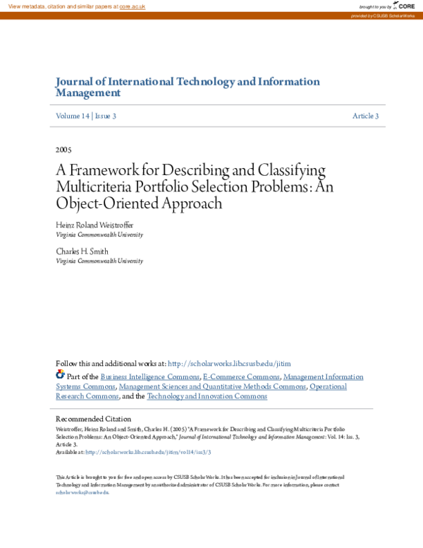 Pdf A Framework For Describing And Classifying Multicriteria Portfolio Selection Problems An