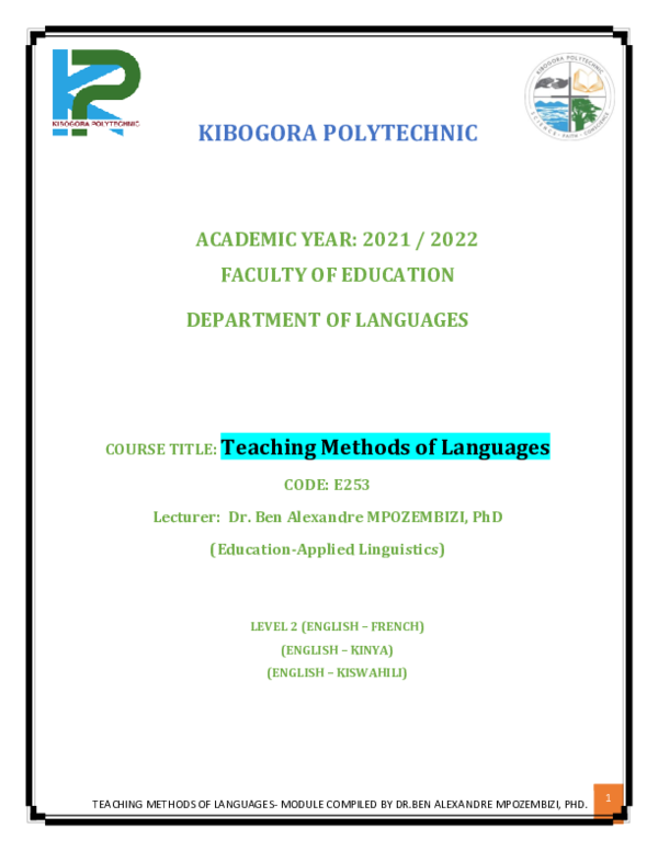 (PDF) E253 TEACHING METHODS OF LANGUAGES SYLLABUS FEB 2022 Revised