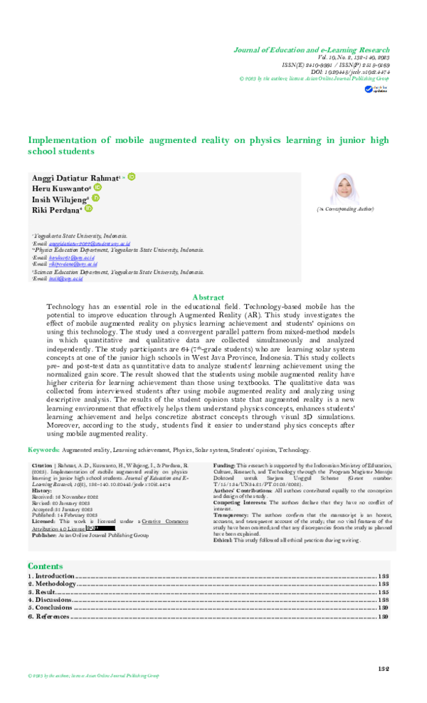 (PDF) Implementation of mobile augmented reality on physics learning in junior high school students