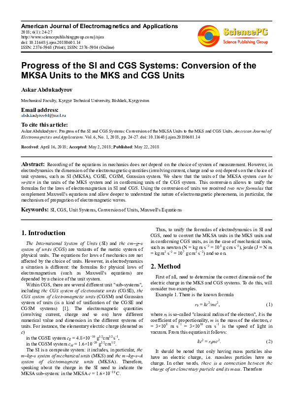 (PDF) Progress of the SI and CGS Systems: Conversion of the MKSA Units ...