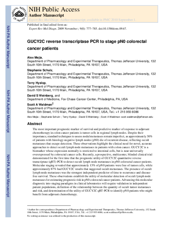(PDF) GUCY2C reverse transcriptase PCR to stage pN0 colorectal cancer patients | Alex Mejia ...