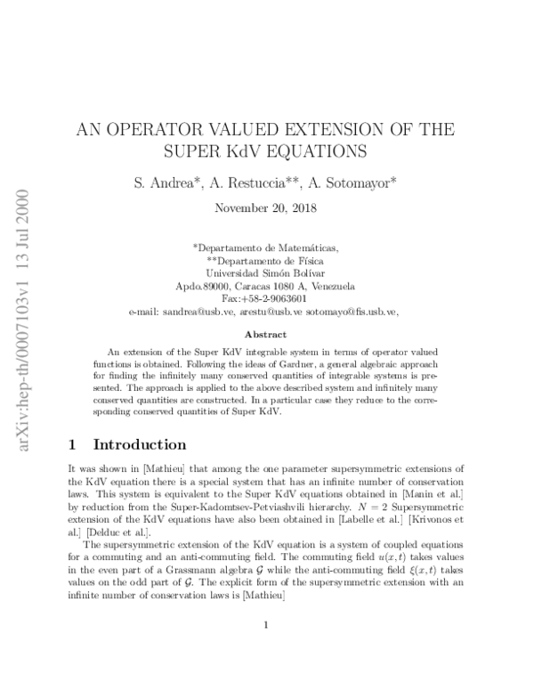(PDF) An operator valued extension of the super Korteweg–de Vries equations