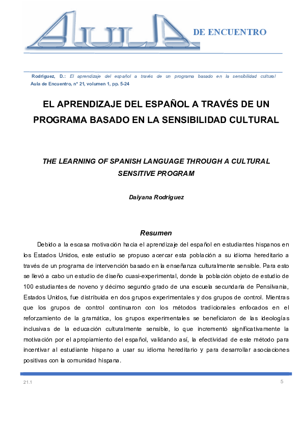 (PDF) El Aprendizaje Del Español a Través De Un Programa Basado en La Sensibilidad Cultural