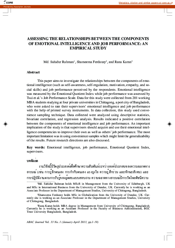 (PDF) Assessing the Relationships Between the Components of Emotional Intelligence and Job ...