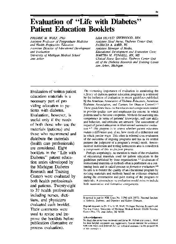 (PDF) Evaluation of "Life with Diabetes" Patient Education Booklets