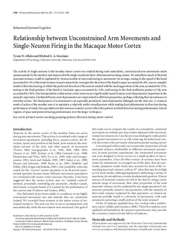 (PDF) Relationship between Unconstrained Arm Movements and Single-Neuron Firing in the Macaque ...