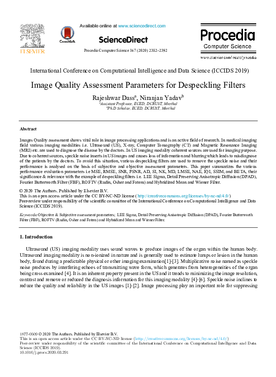 (PDF) Image Quality Assessment Parameters for Despeckling Filters