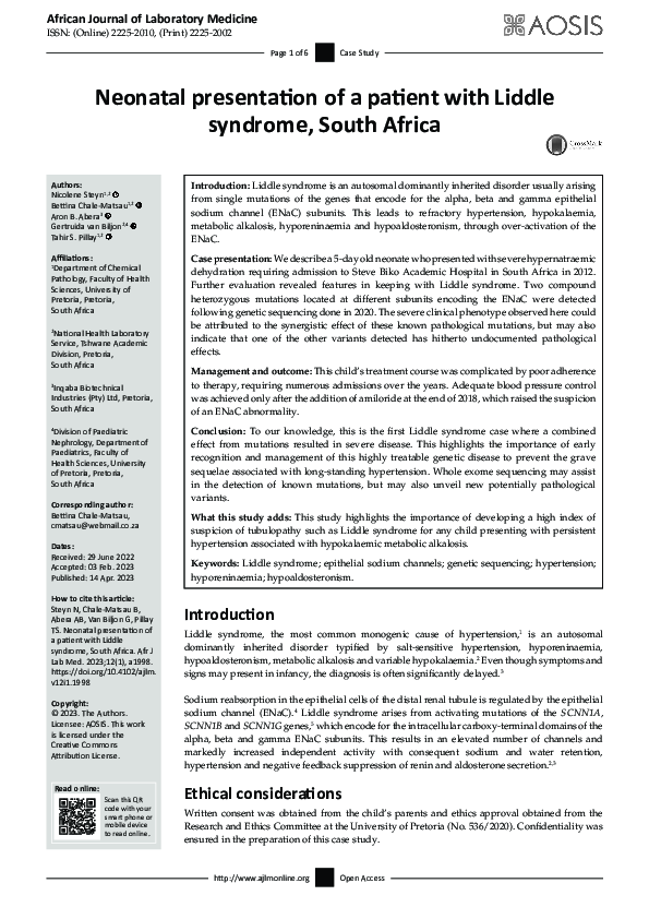 (PDF) Neonatal presentation of a patient with Liddle syndrome, South Africa