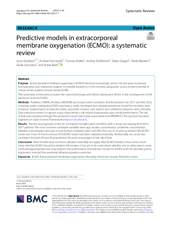 (PDF) Predictive models in Extracorporeal Membrane Oxygenation (ECMO): a systematic review