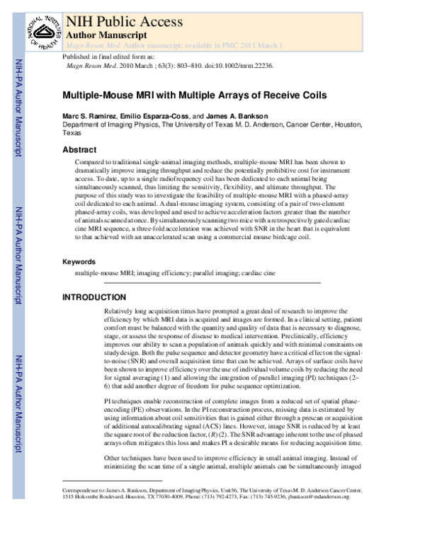(PDF) Multiple-mouse MRI with multiple arrays of receive coils