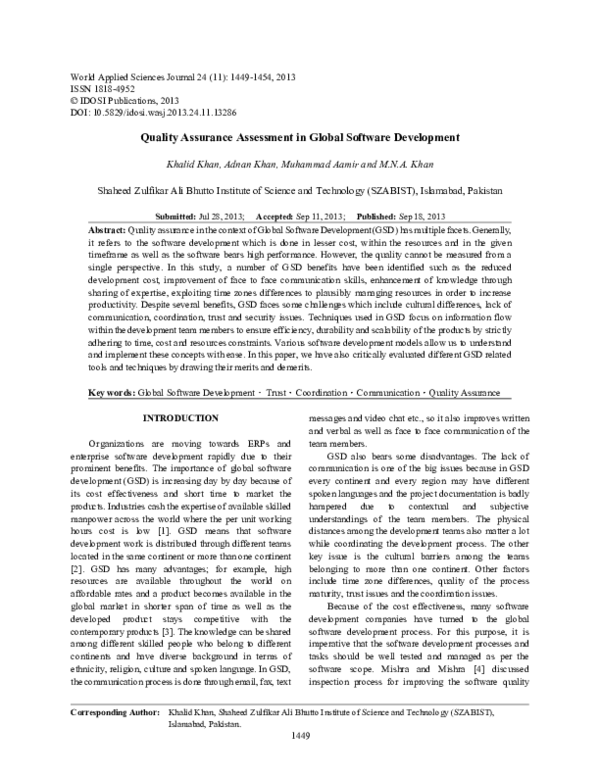 (PDF) Quality Assurance Assessment in Global Software Development