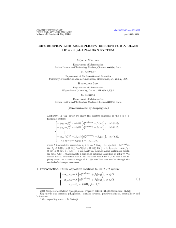 (PDF) Bifurcation and multiplicity results for a class of \begin{document}$n\times n$\end ...