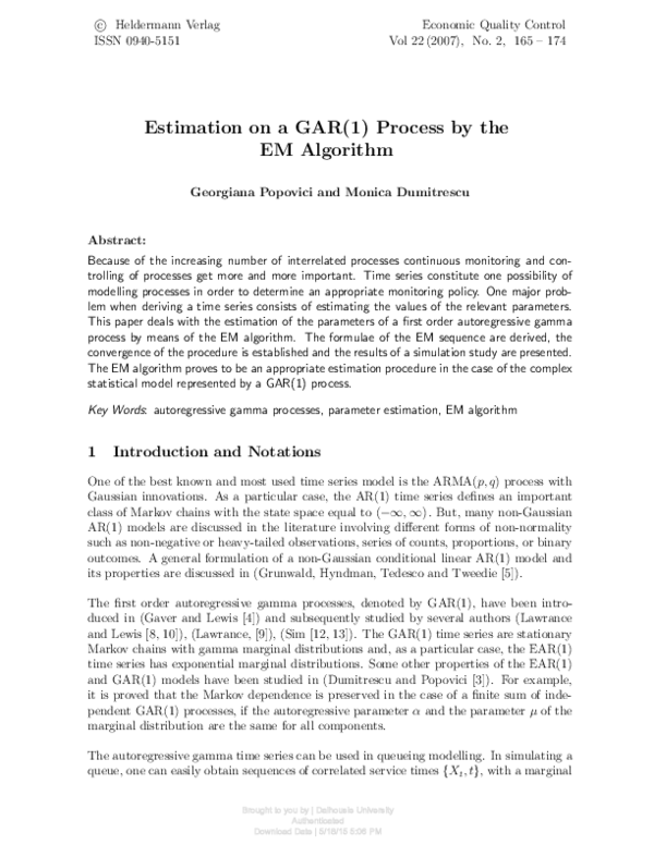 (PDF) Estimation on a GAR(1) Process by the EM Algorithm