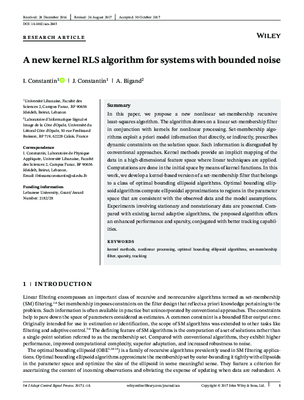 (PDF) A new kernel RLS algorithm for systems with bounded noise