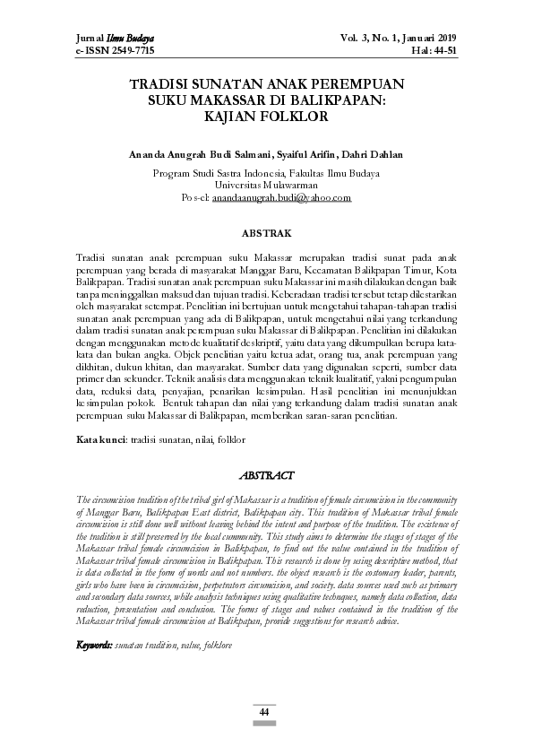 (PDF) Tradisi Sunatan Anak Perempuan Suku Makassar DI Balikpapan ...