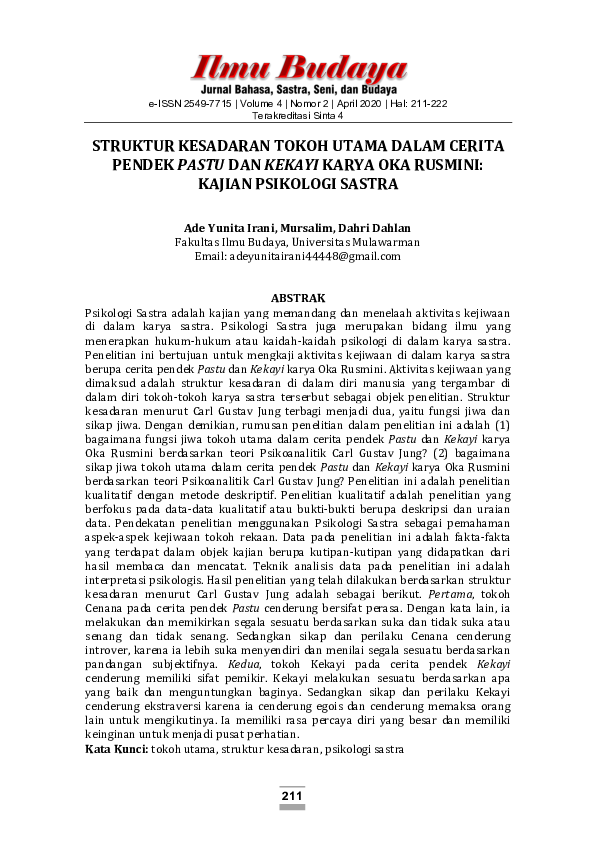 (PDF) Struktur Kesadaran Tokoh Utama Dalam Cerita Pendek Pastu Dan ...