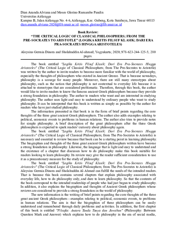 (PDF) Book Review "THE CRITICAL LOGIC OF CLASSICAL PHILOSOPHERS; FROM ...