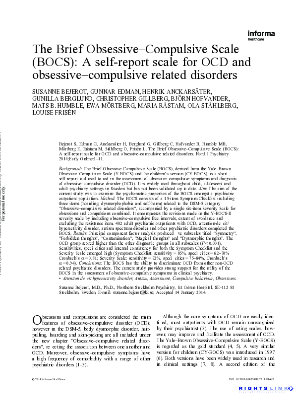 (PDF) The Brief Obsessive–Compulsive Scale (BOCS): A self-report scale for OCD and obsessive ...