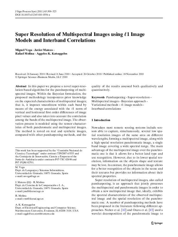 (PDF) Super Resolution of Multispectral Images using ℓ1 Image Models and Interband Correlations