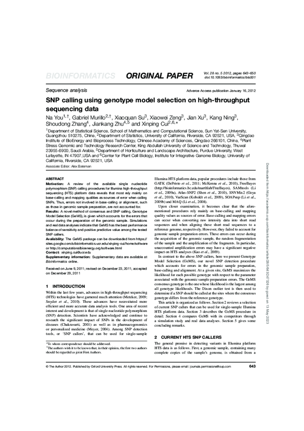 (PDF) SNP calling using genotype model selection on high-throughput sequencing data