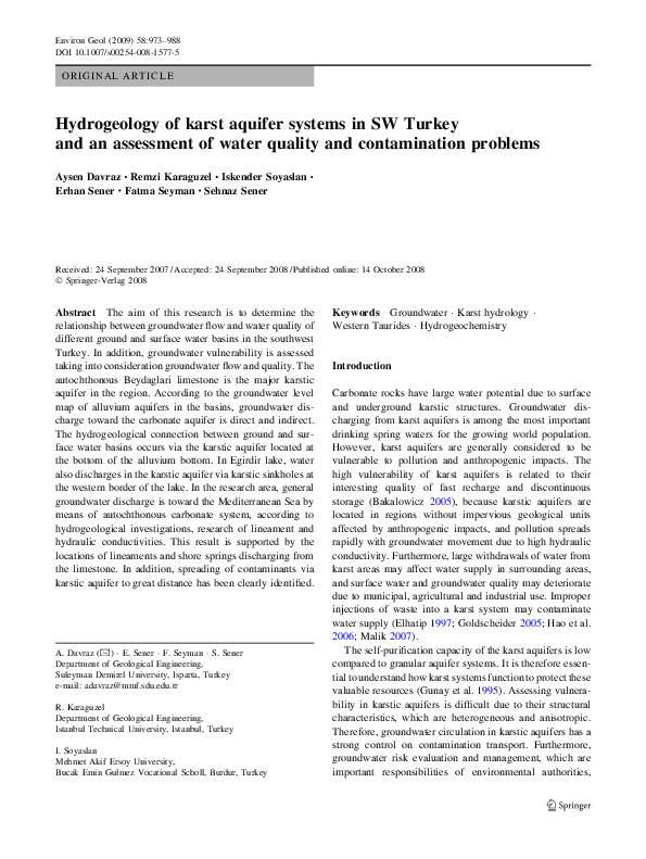 (PDF) Hydrogeology of karst aquifer systems in SW Turkey and an ...