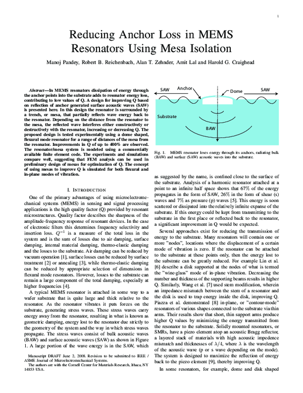 (PDF) Reducing Anchor Loss in MEMS Resonators Using Mesa Isolation