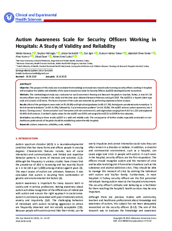 (PDF) Autism Awareness Scale for Security Officers Working in Hospitals ...