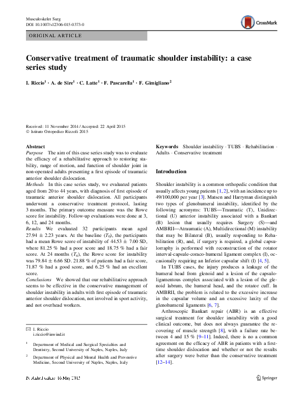 (PDF) Conservative treatment of traumatic shoulder instability: a case series study