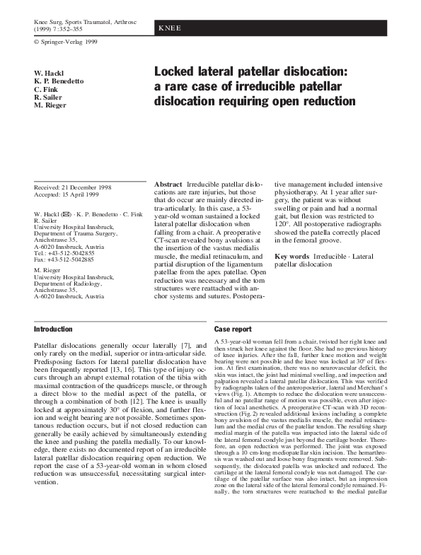 (PDF) Locked lateral patellar dislocation: a rare case of irreducible ...