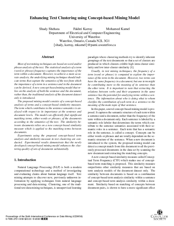 Pdf Enhancing Text Clustering Using Concept Based Mining Model Shady Shehata