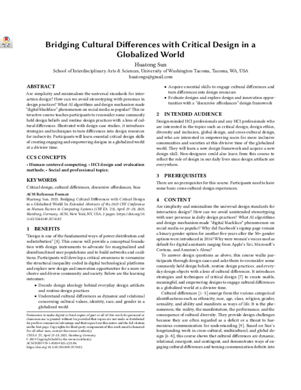 (PDF) Bridging Cultural Differences with Critical Design in a Globalized World