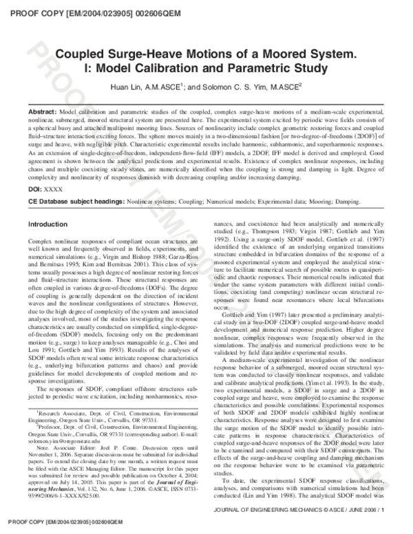 (PDF) Coupled Surge-Heave Motions of a Moored System. I: Model Calibration and Parametric Study ...
