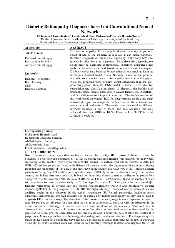 (PDF) Diabetic Retinopathy Diagnosis based on Convolutional Neural Network