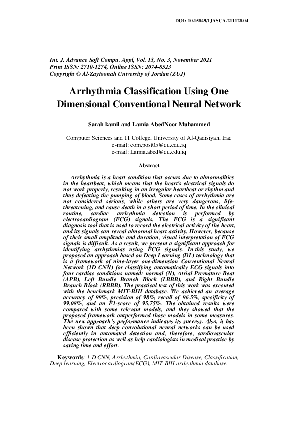 Pdf Arrhythmia Classification Using One Dimensional Conventional Neural Network
