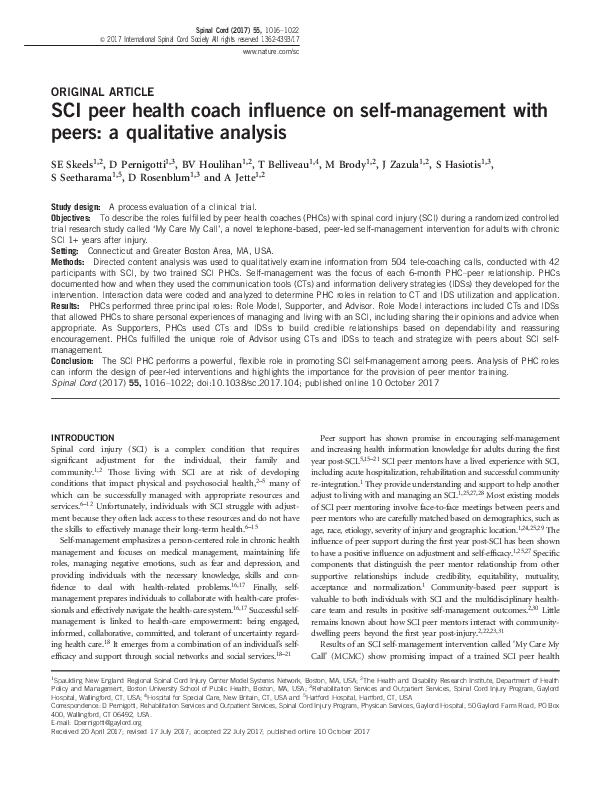 (PDF) SCI peer health coach influence on self-management with peers: a ...