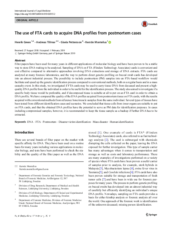 (PDF) The use of FTA cards to acquire DNA profiles from postmortem cases