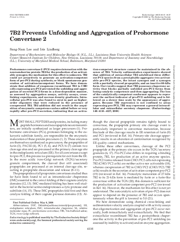 (PDF) 7B2 Prevents Unfolding and Aggregation of Prohormone Convertase 2