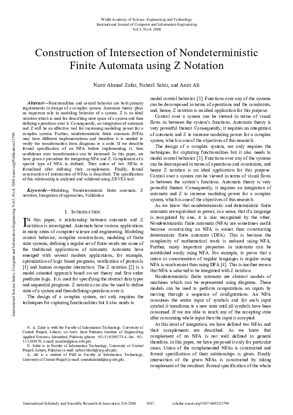 Pdf Construction Of Intersection Of Nondeterministic Finite Automata