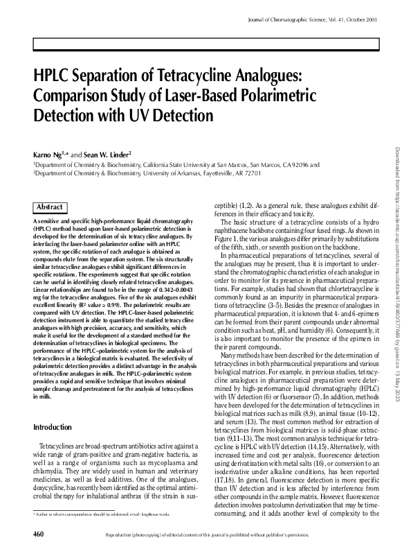 (PDF) HPLC Separation of Tetracycline Analogues: Comparison Study of Laser-Based Polarimetric ...