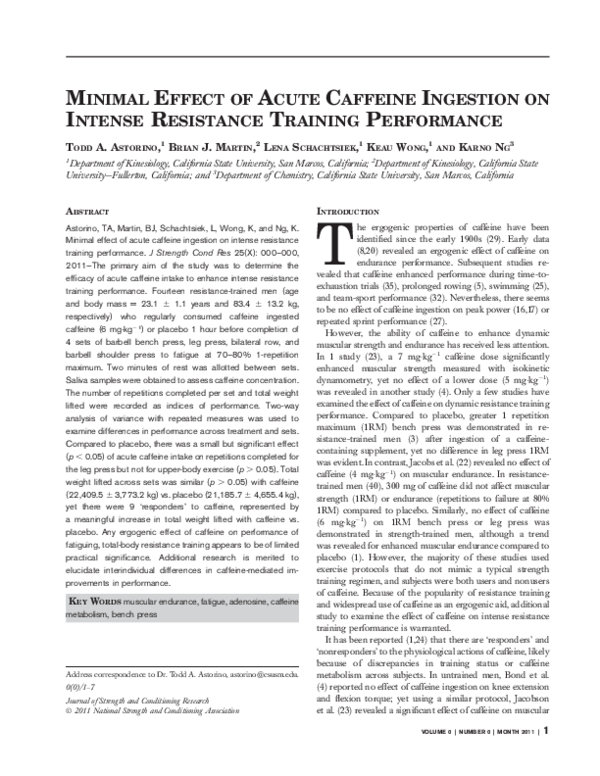 Pdf Minimal Effect Of Acute Caffeine Ingestion On Intense Resistance