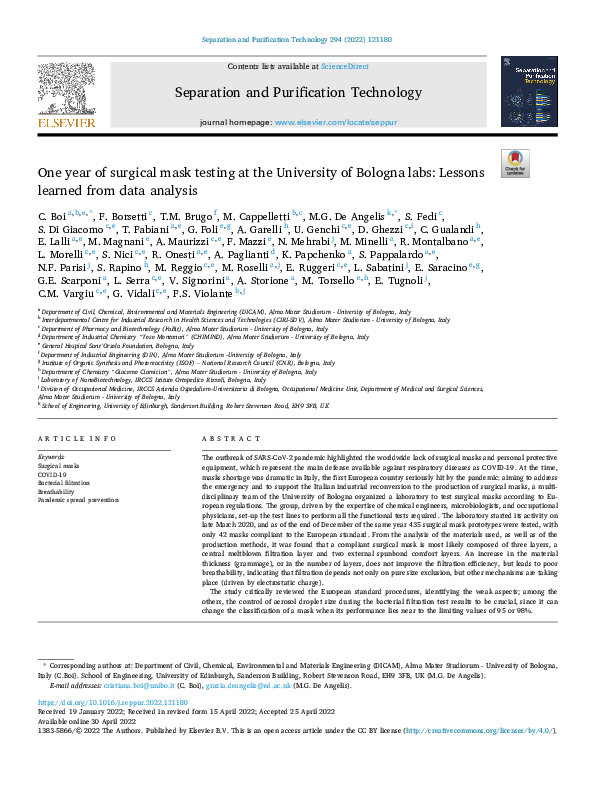 (PDF) One Year of Surgical Mask Testing at the University of Bologna ...