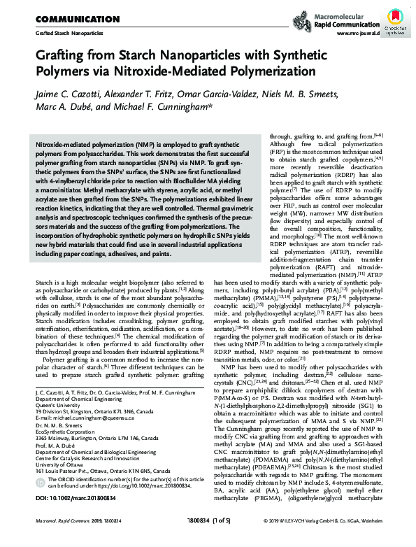 (PDF) Grafting from Starch Nanoparticles with Synthetic Polymers via Nitroxide‐Mediated ...