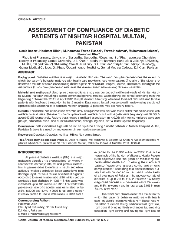 (PDF) Assesment of Compliance of Diabetic Patients at Nishtar Hospital ...