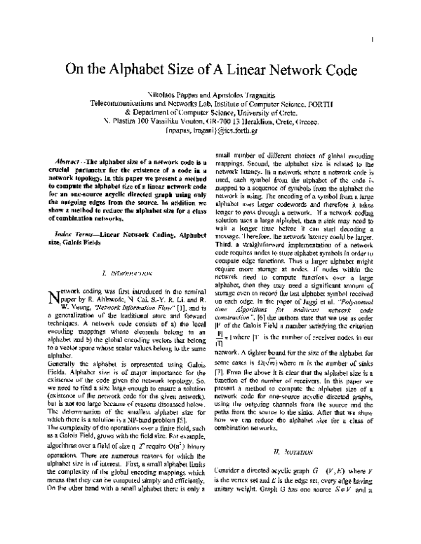 Pdf On The Alphabet Size Of A Linear Network Code