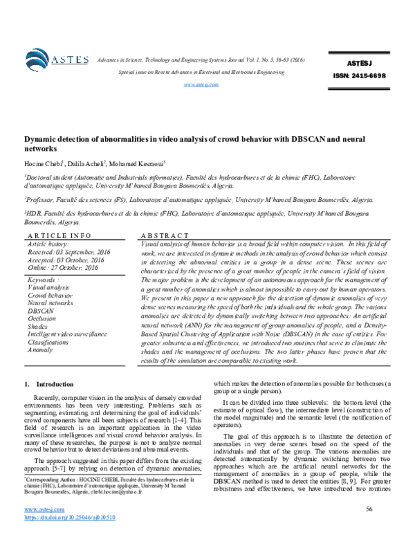 Pdf Dynamic Detection Of Abnormalities In Video Analysis Of Crowd Behavior With Dbscan And