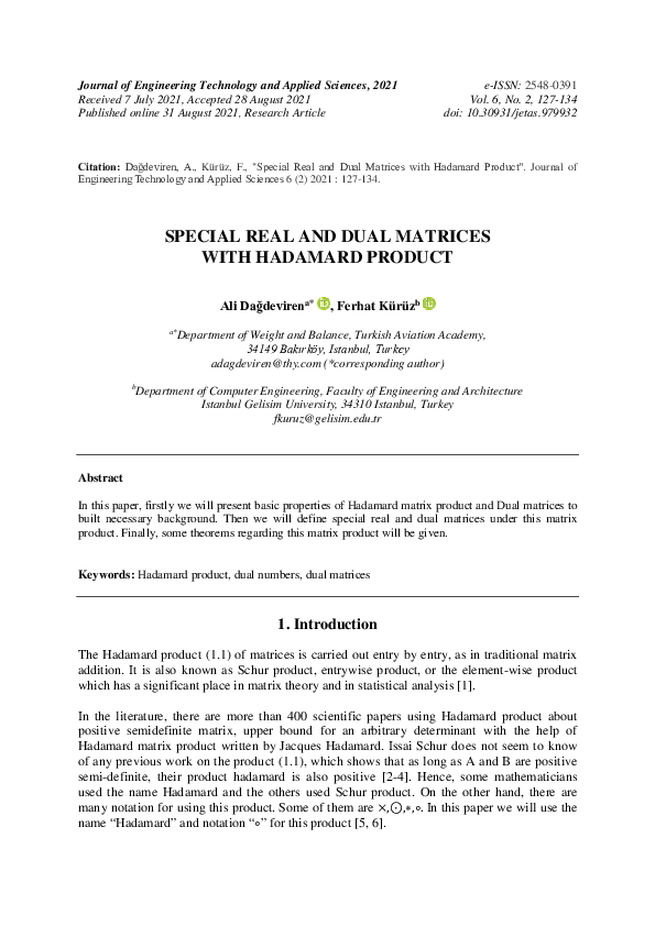(PDF) Special Real and Dual Matrices with Hadamard Product