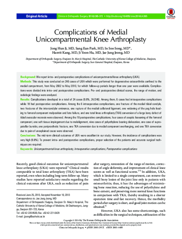 (PDF) Complications of Medial Unicompartmental Knee Arthroplasty