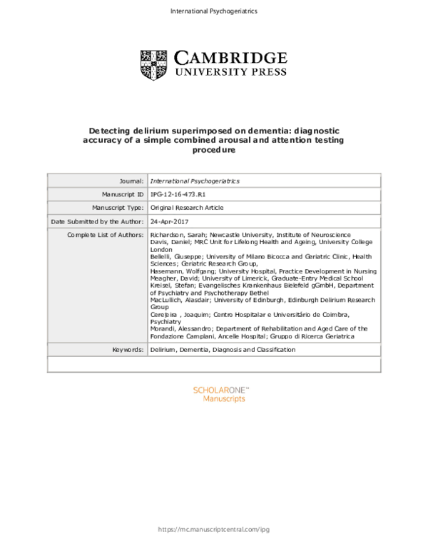 (PDF) Detecting delirium superimposed on dementia: diagnostic accuracy of a simple combined ...